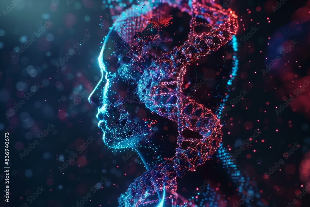 Vivid representation of a human profile with sparkling DNA strands ...