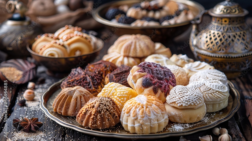 Assorted semolina maamoul or mamoul cookies with dallah and Ramadan ...