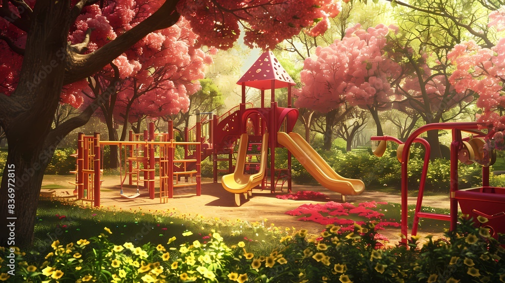 illustrations of a spring playground, slides and other children's games ...