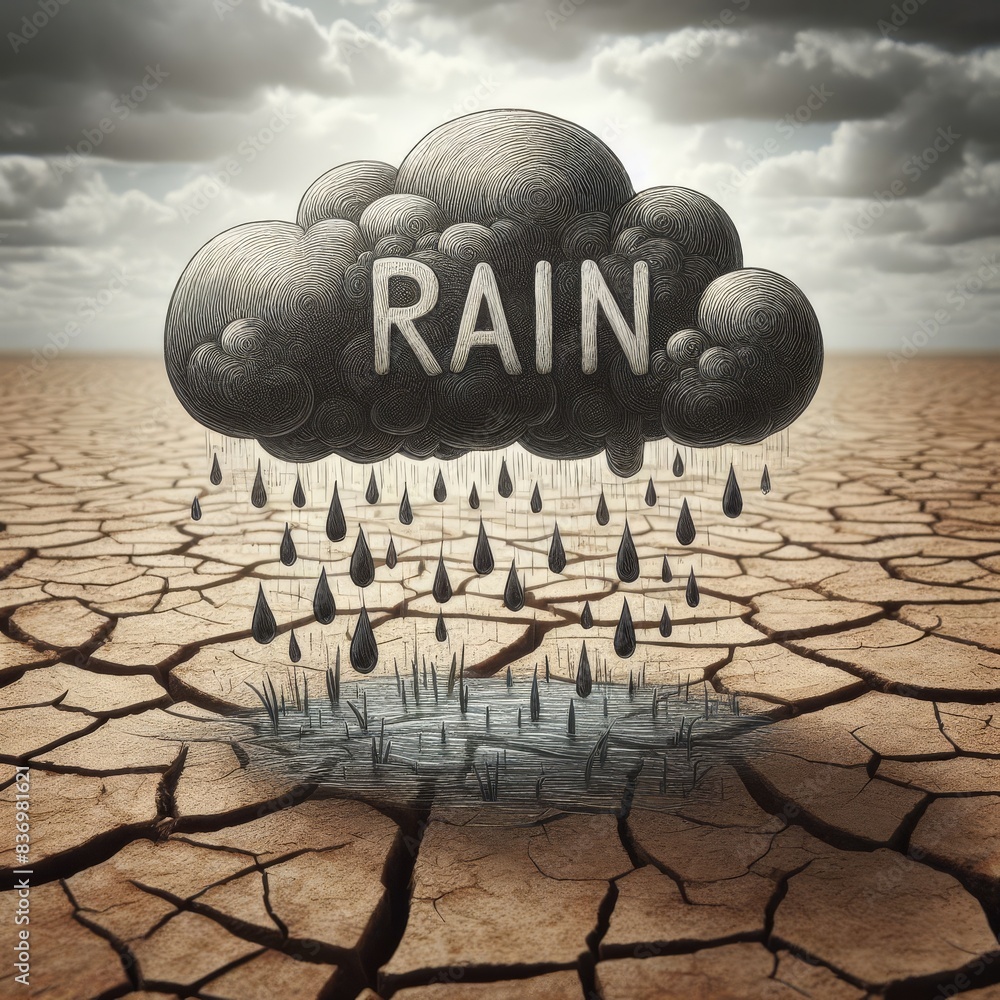 An artistic illustration depicts a dark rain cloud pouring water over a ...