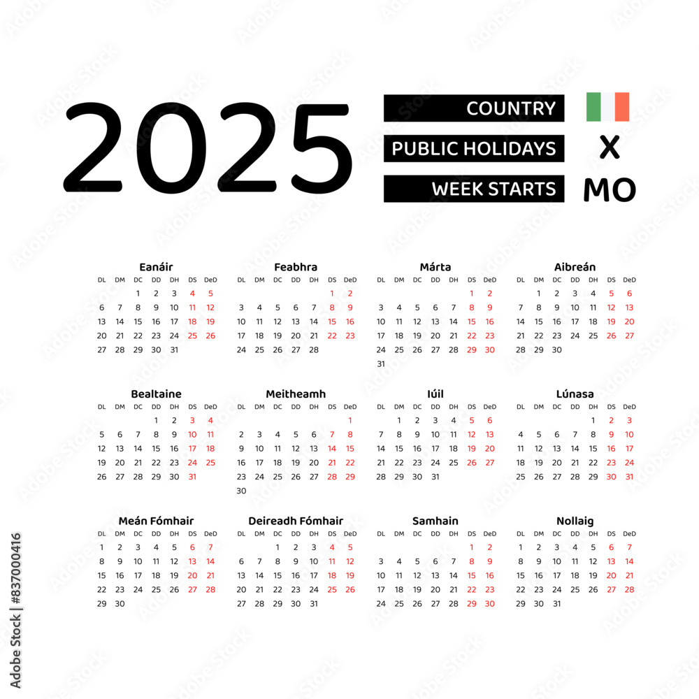Ireland calendar 2025. Week starts from Monday. Vector graphic design ...