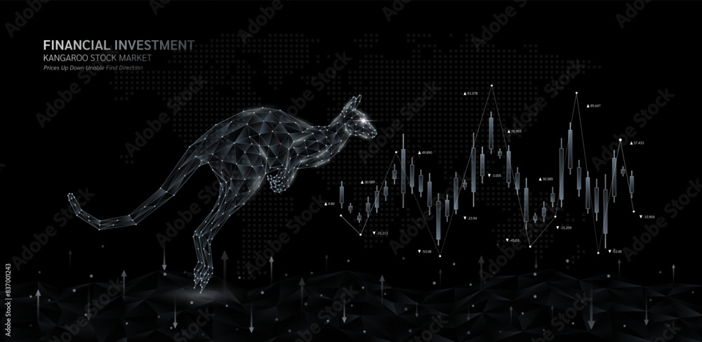 Jumping kangaroo facing candlestick on black world map. Sideway stock ...