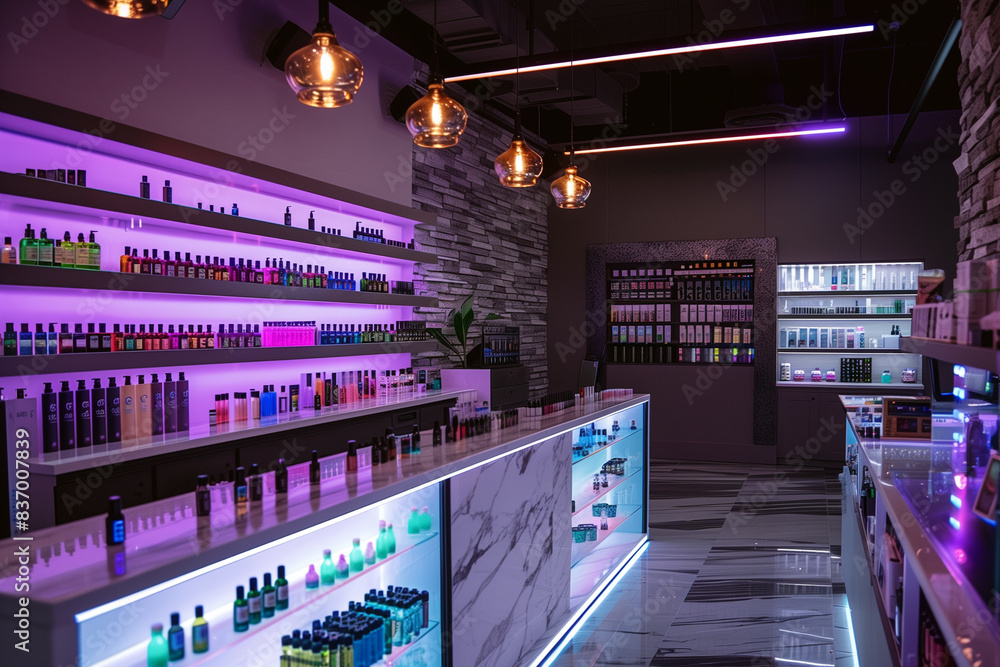 Vape shop, disposable electronic cigarettes, shelf with glass showcase ...
