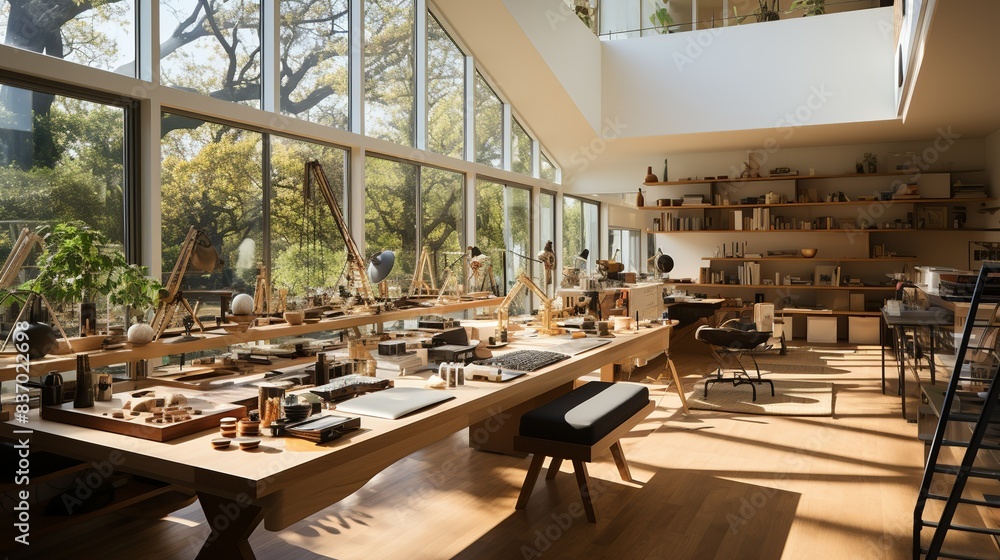 A collaborative design studio with drafting tables, mood boards, and ...