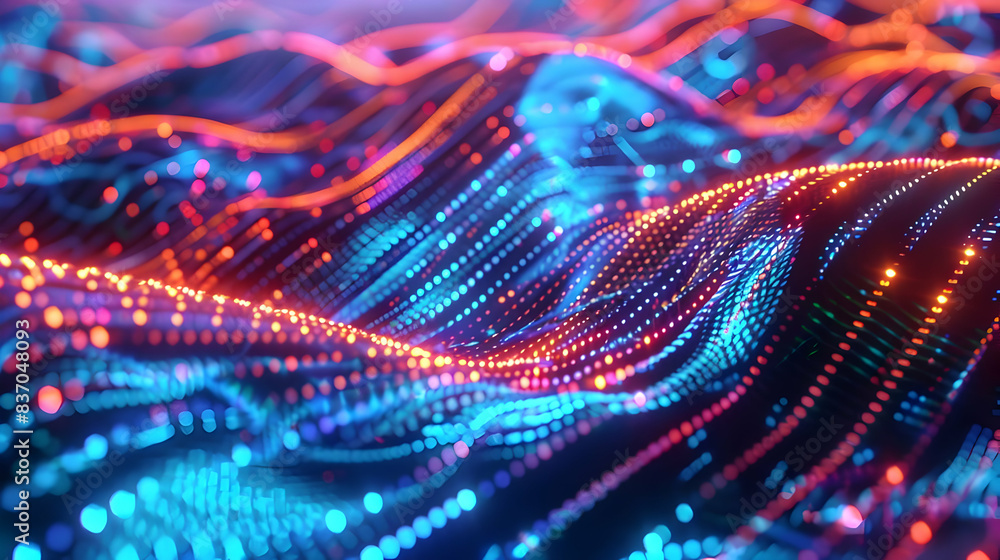 Abstract digital landscape with flowing neon light particles resembling ...