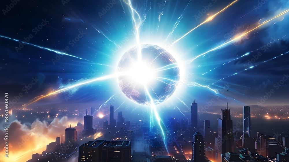 x-ray laser beam falling from the sky and destroying a city, hammer of ...