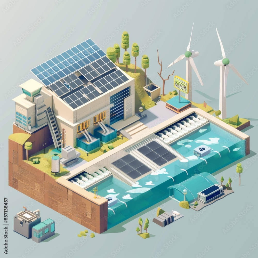 Renewable resources united in an isometric layout: hydroelectricity dam ...