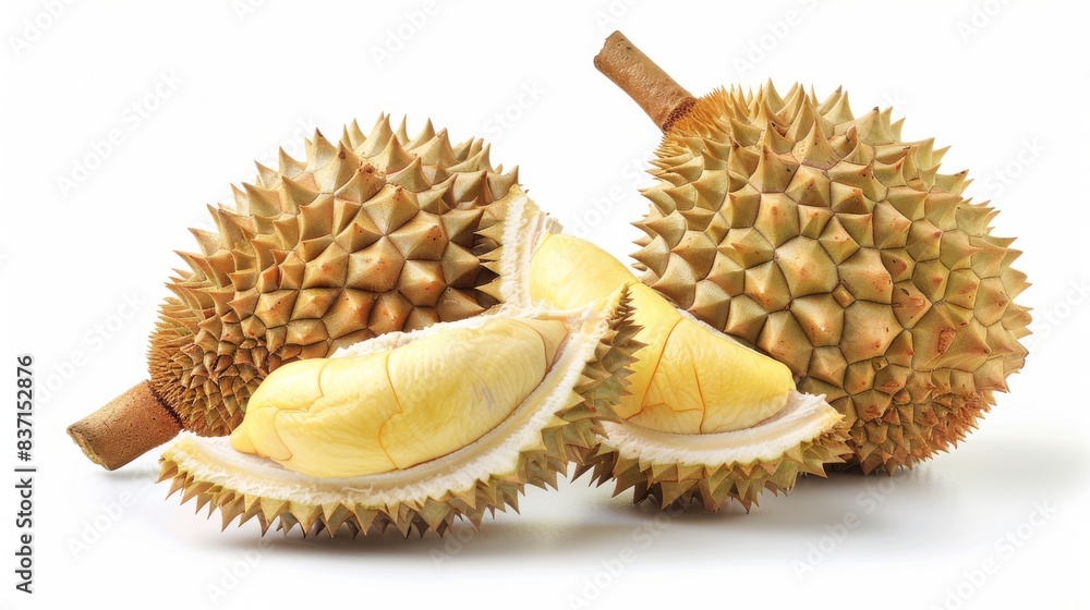 High-detail photo of a durian fruit with one side cut away to show the ...