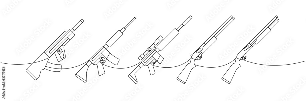 Modern weapons one line continuous drawing. Tactical assault rifles ...