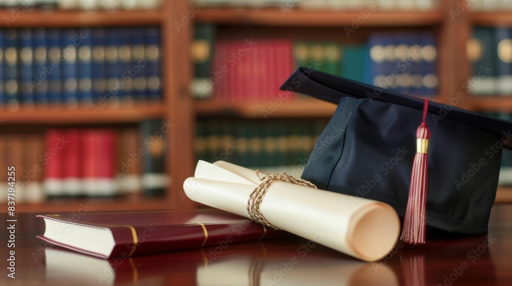 Graduation cap and diploma on a table, ready for the ceremony, focus on ...