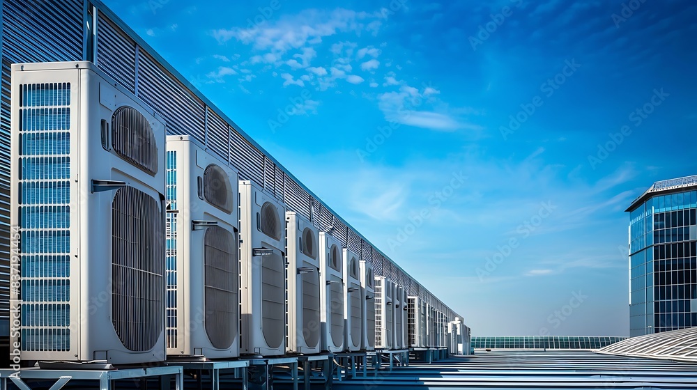 Industrial chiller air conditioner condenser units on rooftop with blue ...