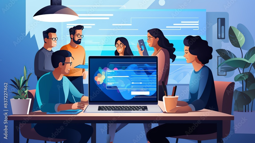 A startup team huddled around a computer screen, with focused expressions and collaborative ...