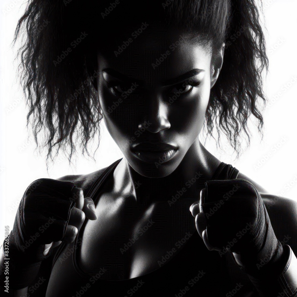 silhouette Angry MMA black woman fighter Isolated on white background ...