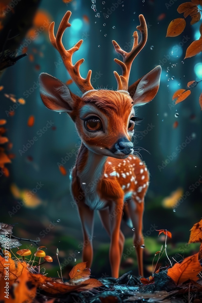 Cute cartoon red deer with white spots and horns standing in the forest ...