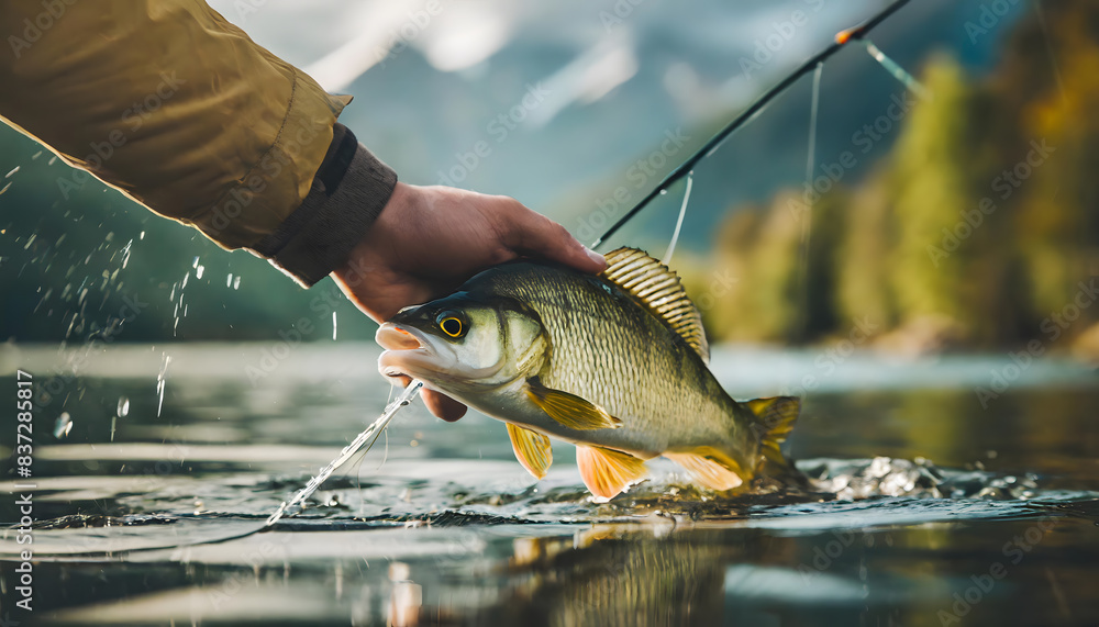 fisch, in, hand, neu, wasser, berge, neu, angeln, angel, fischer, mann ...