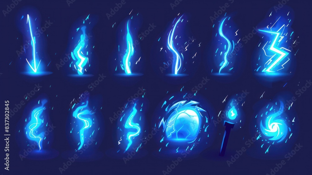 Cartoon lightning animation. Animated frames of electric strike, magic ...