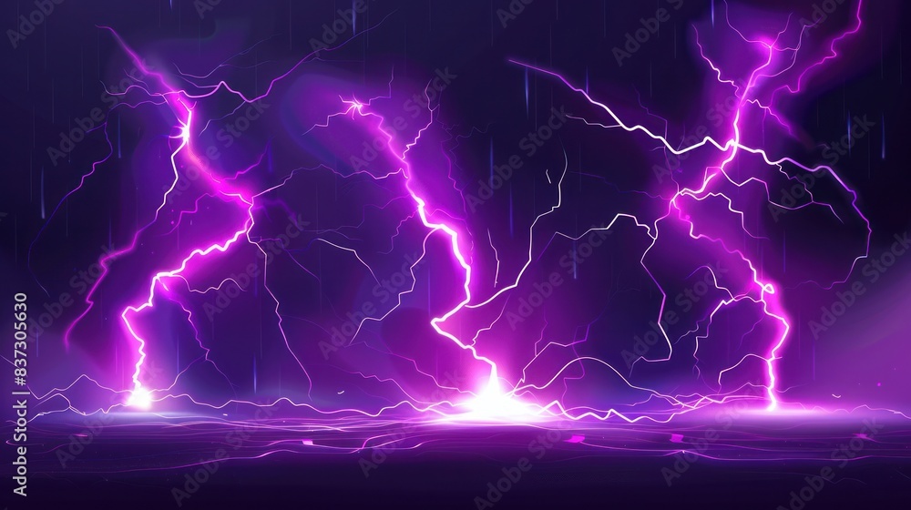 Lightnings, purple thunderbolts hit ground isolated on black background ...