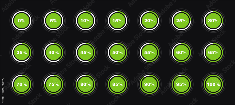 Circle percentage diagrams set. Loading indicator. Download process. Percentage pie chart for ...