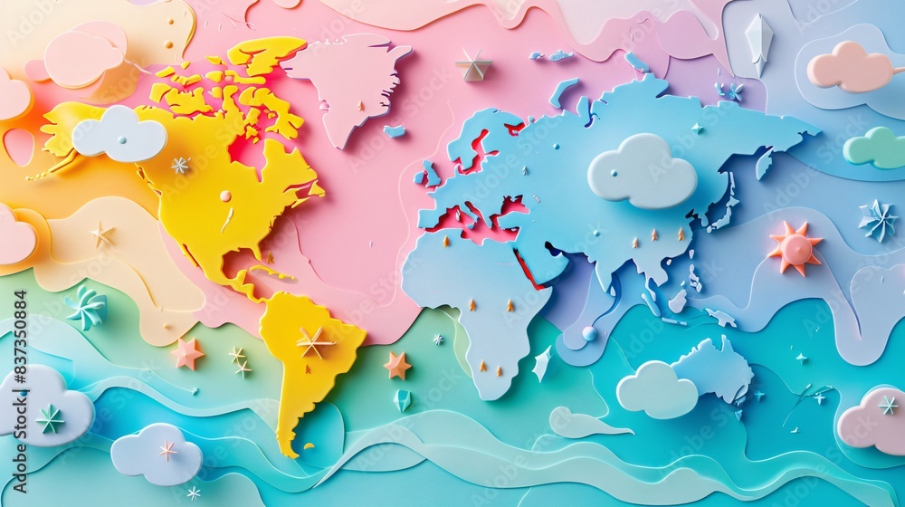 An illustration of a weather map with various 3D papercut weather ...