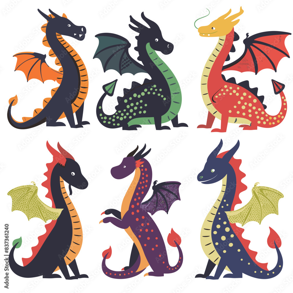 Six colorful dragons various poses, styles, cartoon style isolated ...