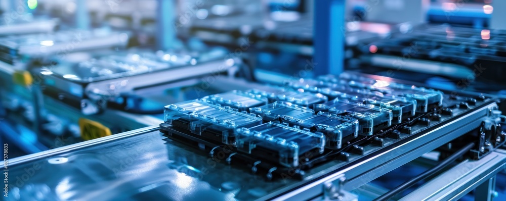 Close-up of lithium-ion cells for high-voltage electric vehicle battery ...