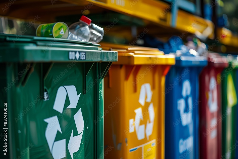A detailed shot of recycling bins with clearly labeled sections ...