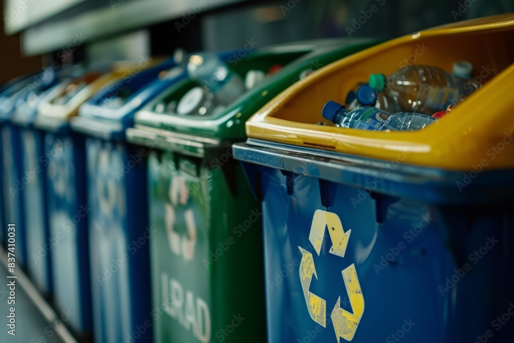 A detailed shot of recycling bins with clearly labeled sections ...
