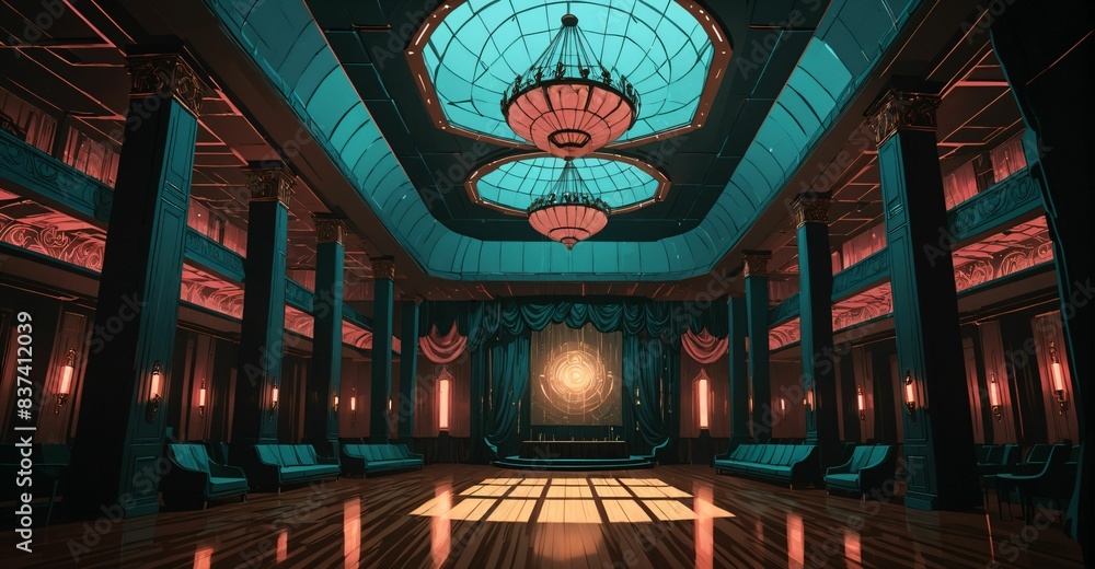 cyberpunk palace ballroom theatre hall. futuristic abandoned sci-fi ...