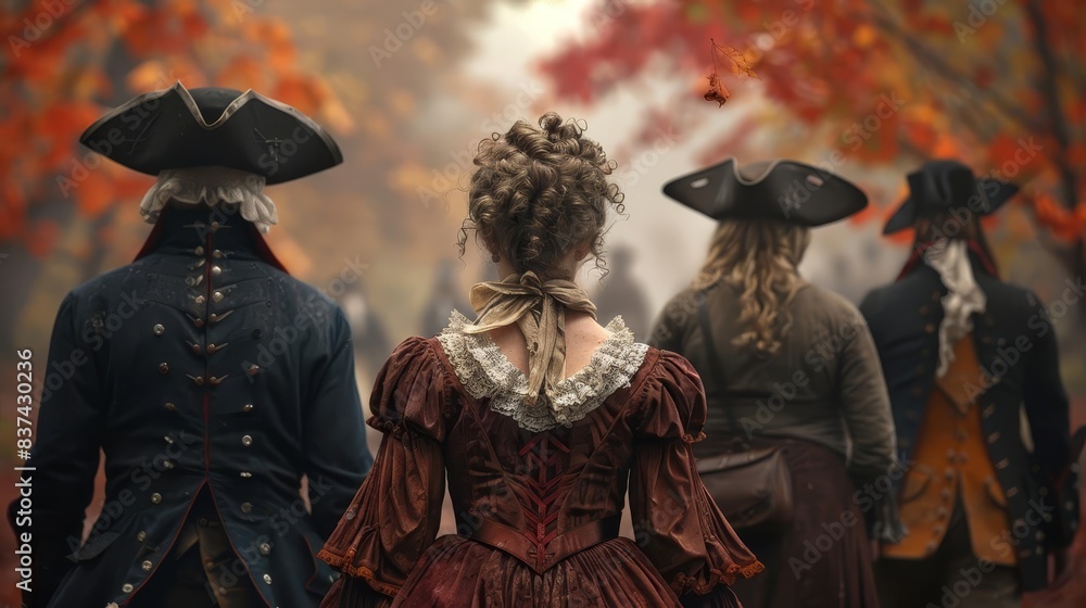 Craft a detailed rear view of individuals in colonial costumes ...