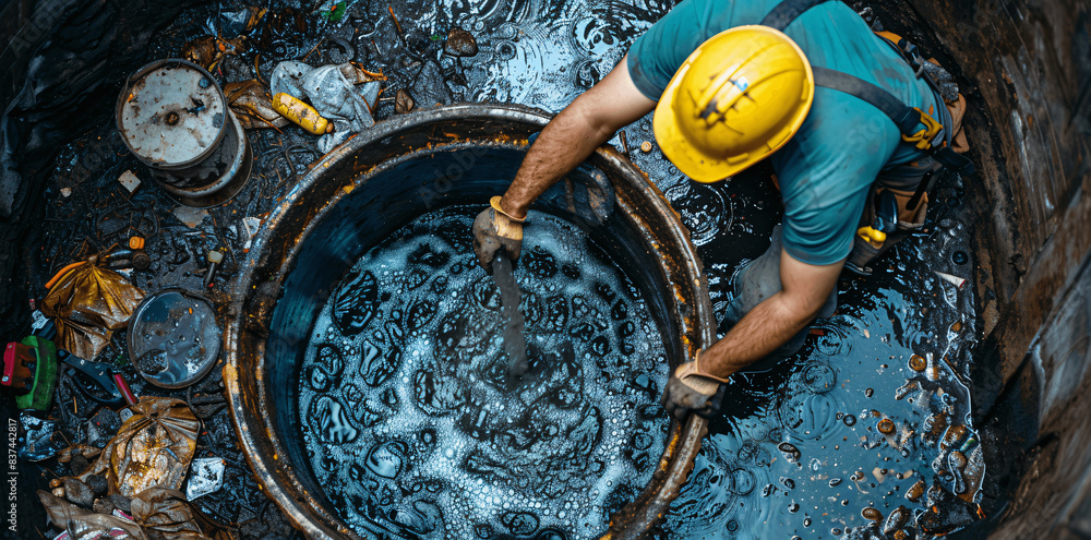 Industrial Worker Wearing Yellow Hard Hat Cleaning a Contaminated Water ...