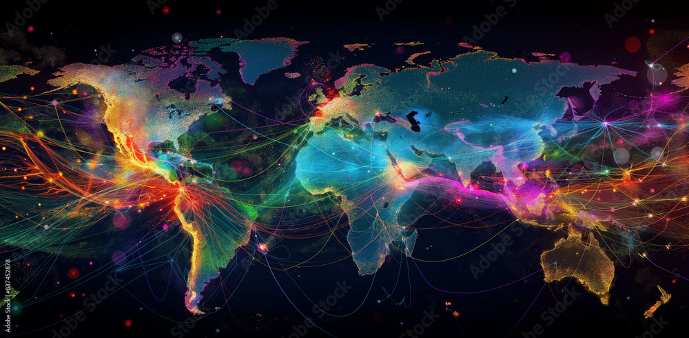 Ilustración de Stock a colorful world map with glowing lines connecting different parts of the ...