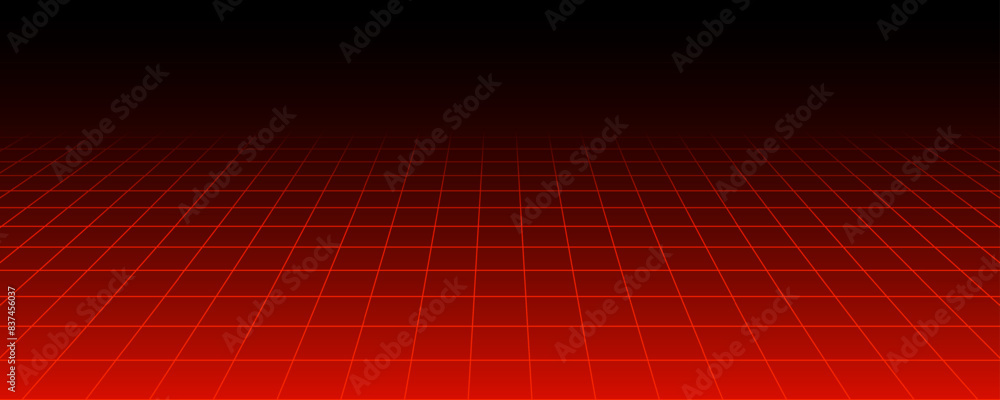 Red glowing neon wireframe background. Shining checkered horizontal ...