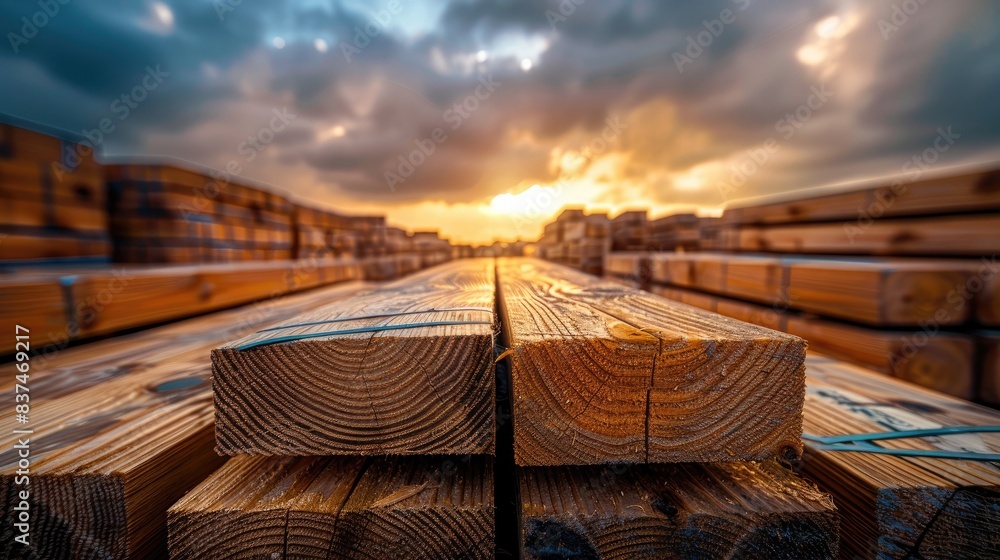 Stacked wooden lumber planks against a dramatic sunset sky, showcasing ...