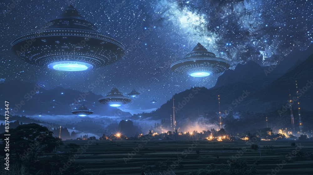Fleet of UFOs with intense lights hovering over rice paddies, the starry cosmic sky creating a ...
