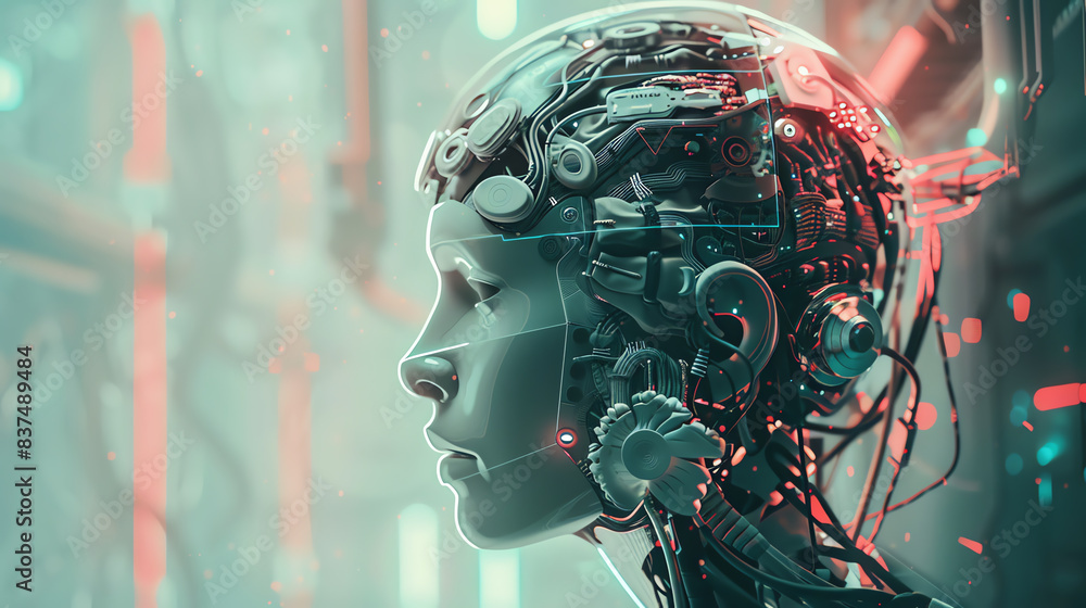 Cybernetic brain interface, neural augmentation, mindmachine connection, side view ...