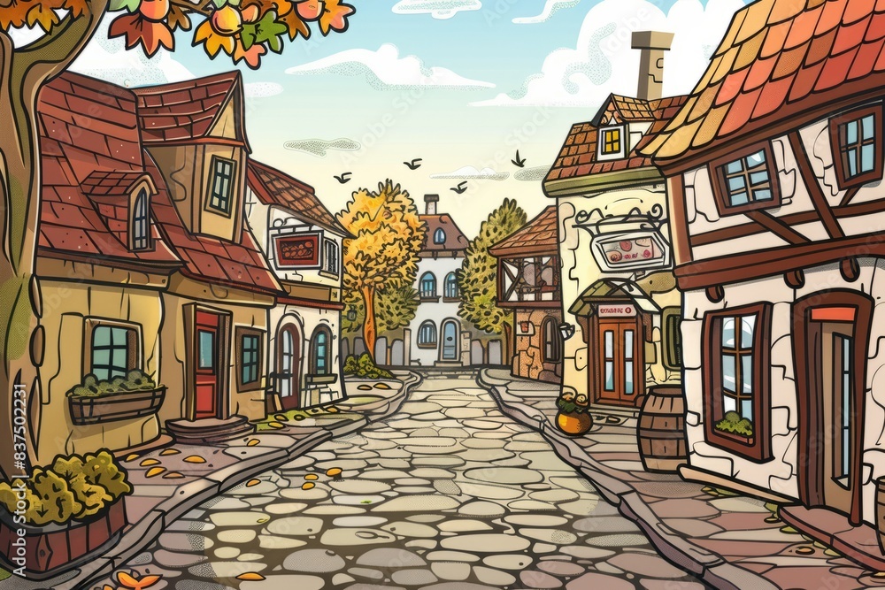 Cartoon cute doodles of a charming old town street with cobblestone ...