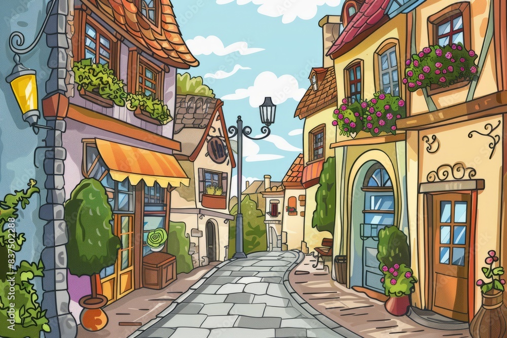 Cartoon cute doodles of a charming old town street with cobblestone ...