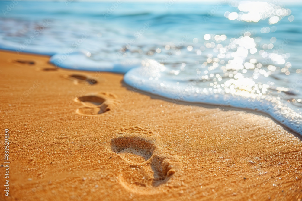 Closeup of footprints in the sand on a beach with ocean waves ...