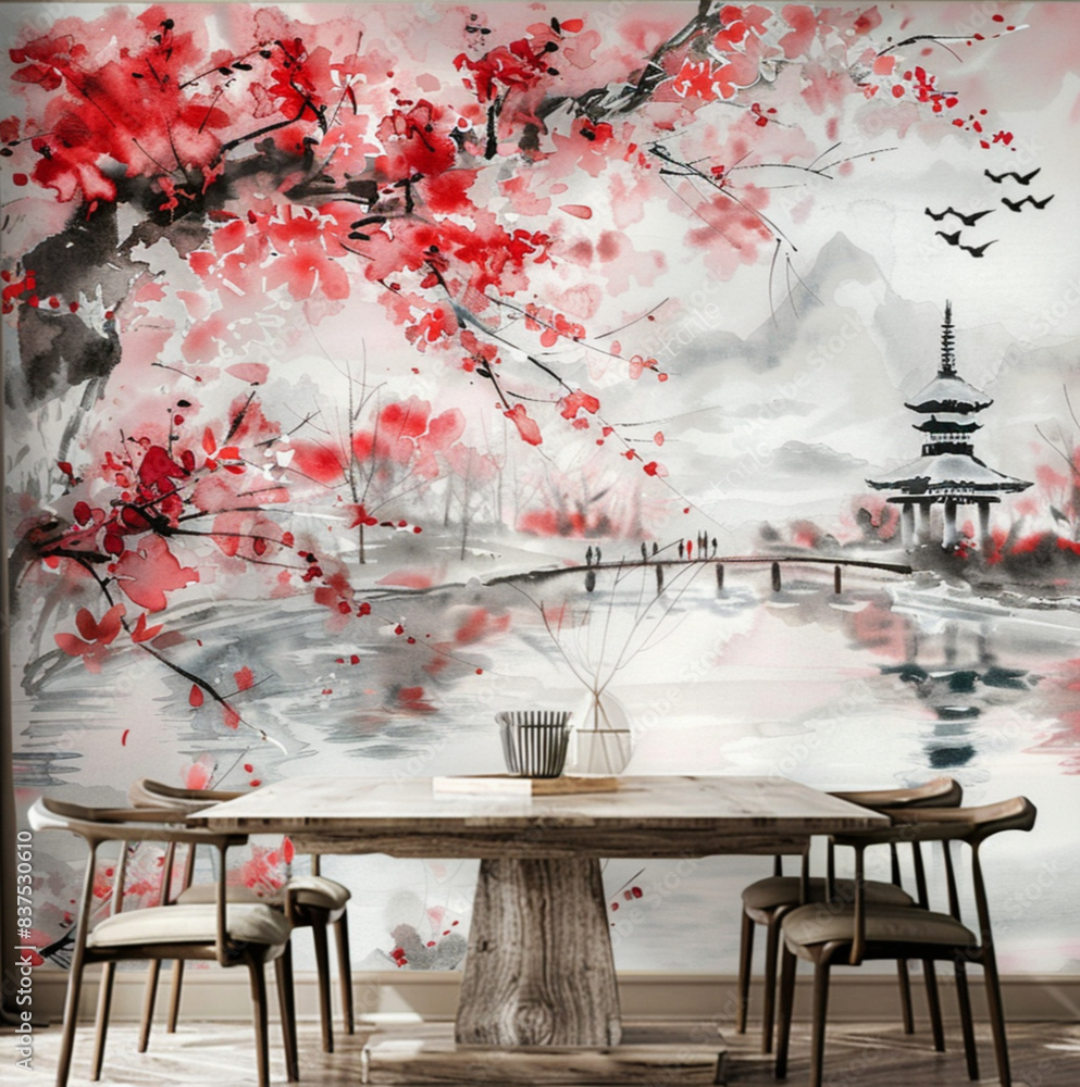 japanese landscape with japanese cherry blossoms, water, and a pagoda ...