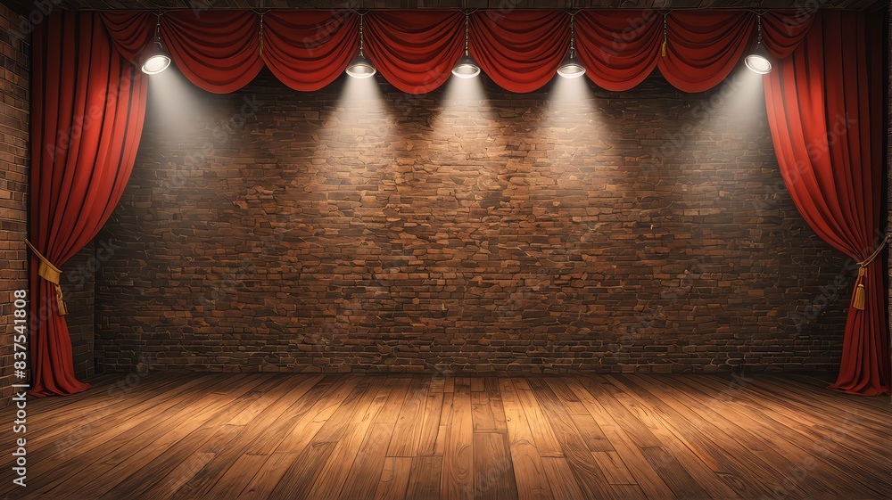 Red Curtain Stage With Brick Wall Stock Illustration | Adobe Stock