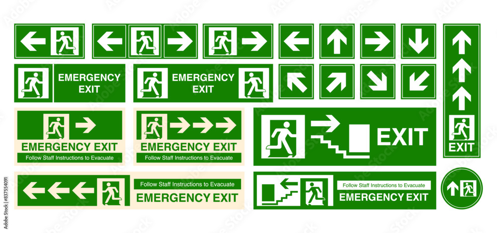 Vector de Stock Emergency Exit sign set. Man running out with arrow ...