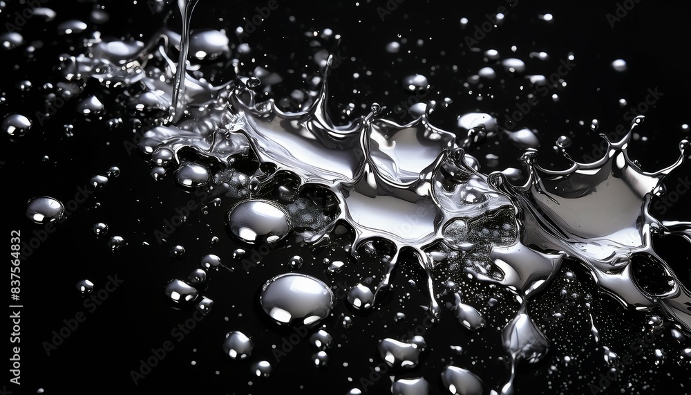 Dynamic silver liquid splashes across a black background, creating a ...