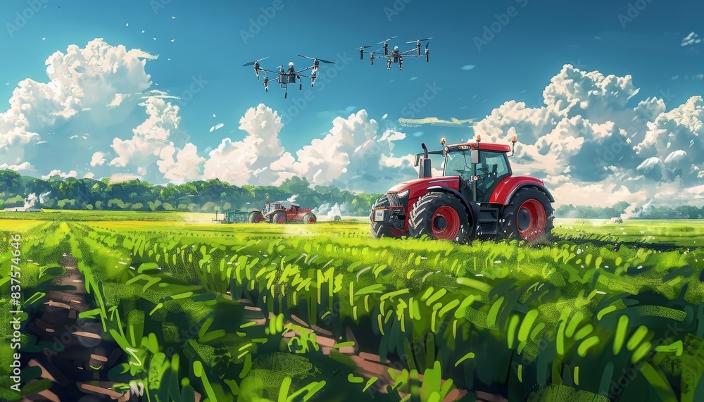 A futuristic farm with automated tractors and drones monitoring crops ...