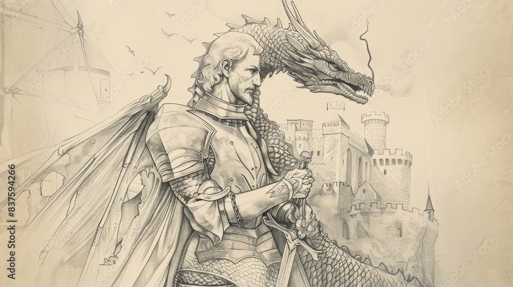 Saint George's bravery slaying the dragon, knight's armor, medieval ...