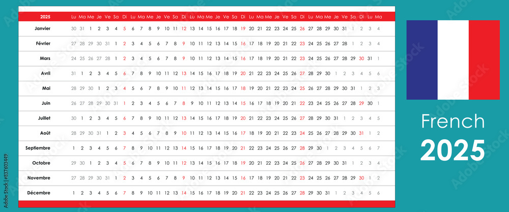 Linear calendar 2025. Horizontal grid, yearly planner organizer, French ...