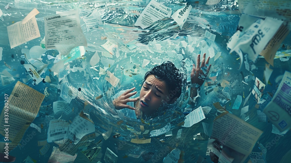 Visualize a young person drowning in a sea of text, images, and videos ...