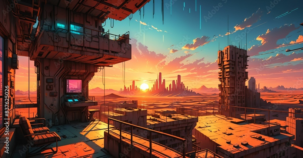 desert cyberpunk wasteland lo-fi sci-fi post apocalyptic city balcony ...