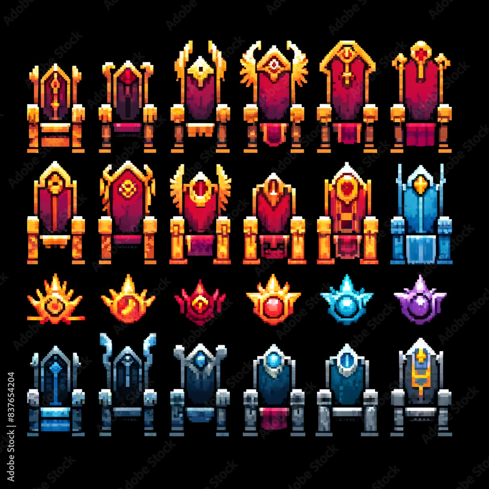 RPG Pixel Art Castle Thrones Icons for Game UI and Design Stock ...
