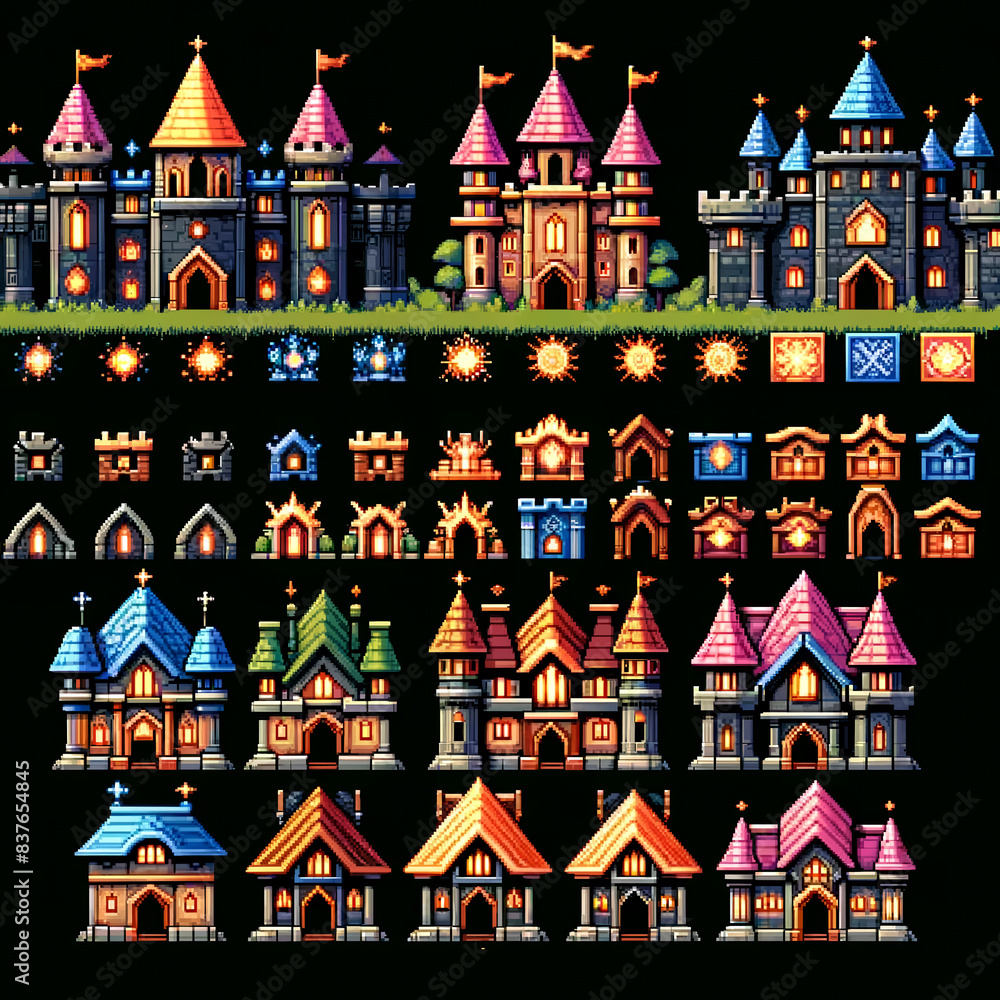 RPG Pixel Art Castle Great Halls Icons for Game UI and Design Stock ...