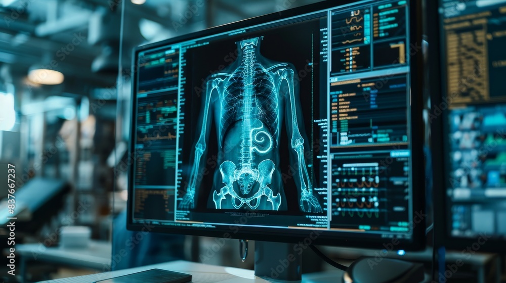 Advanced x-ray scanner, focused on skeletal system, hospital lab equipment, modern medical ...